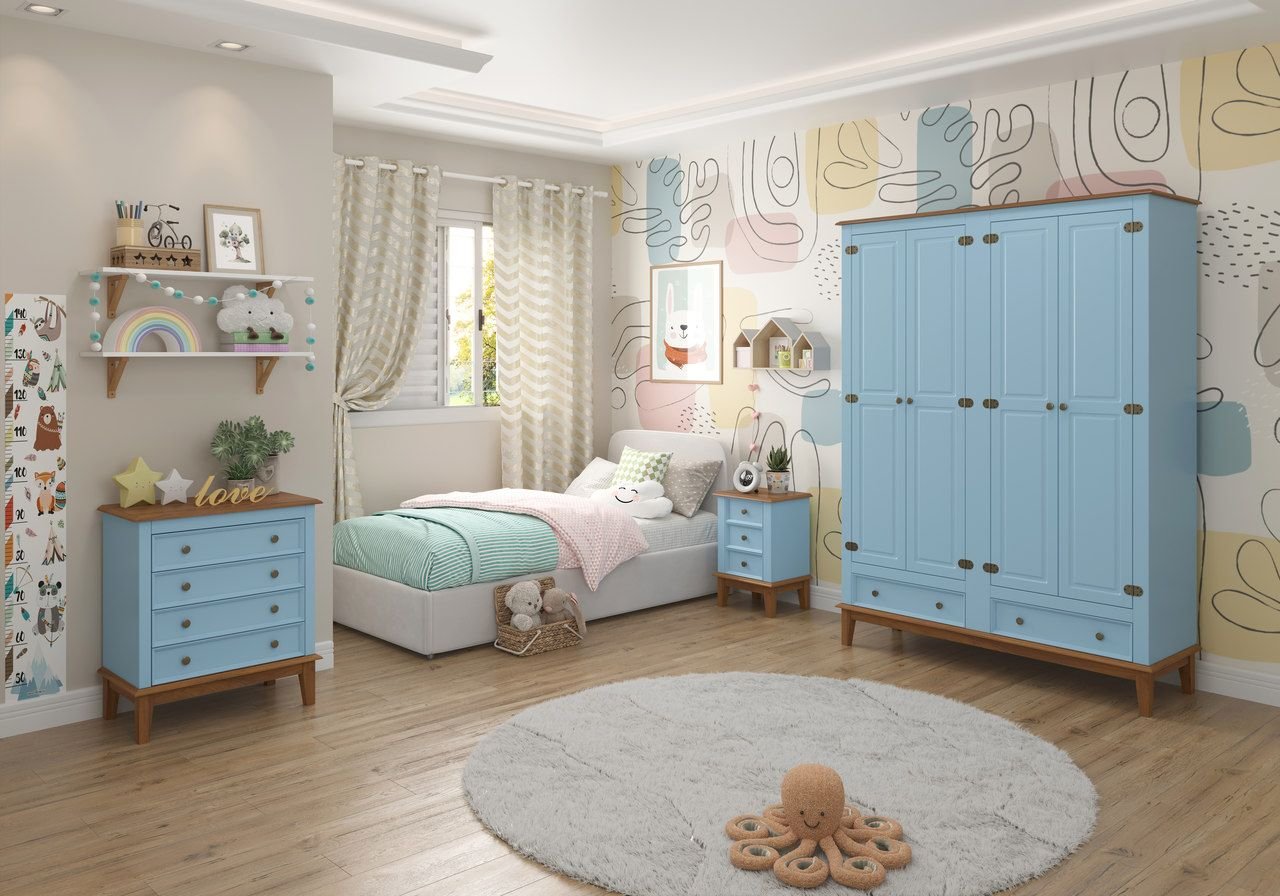 Guarda-Roupa Rústico 4 Portas e 2 Gavetas - Madeira Maciça e MDF - Azul ...