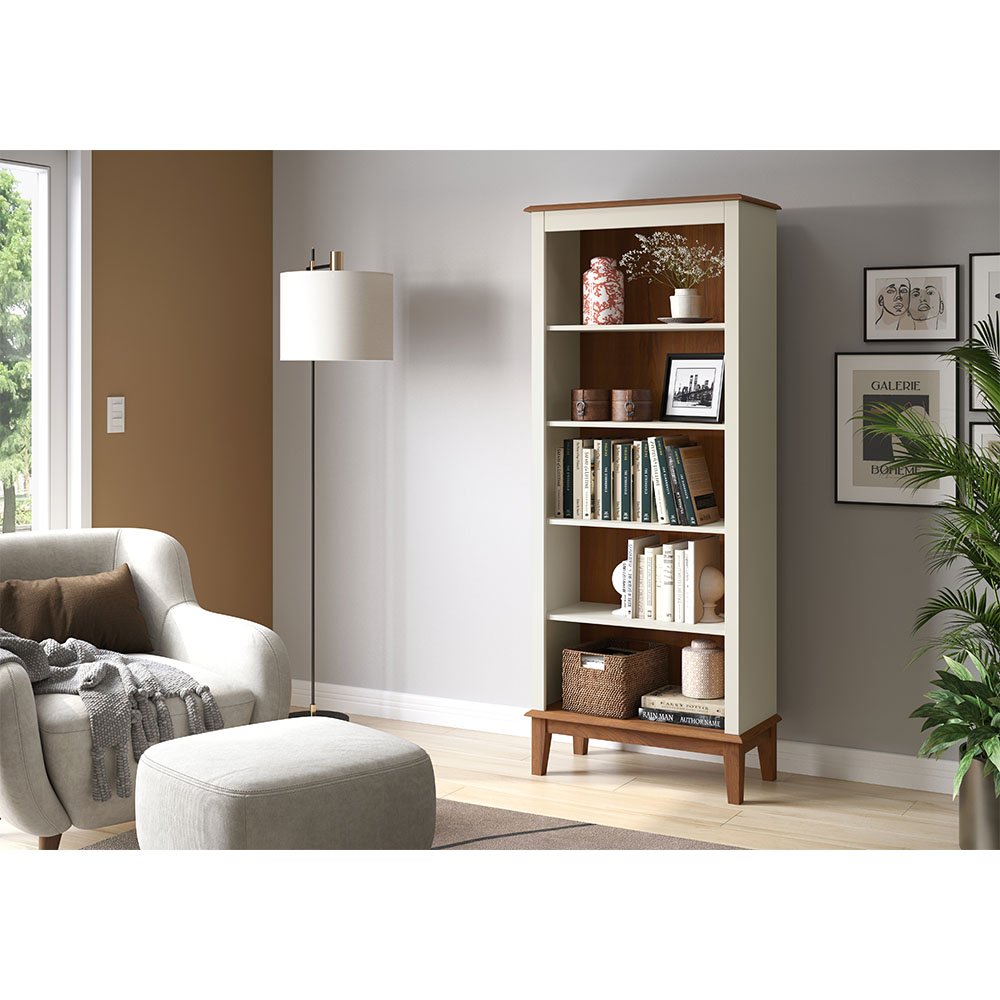 Estante de Madeira Maciça 4 Prateleiras - Off White - Fundo Amêndoa