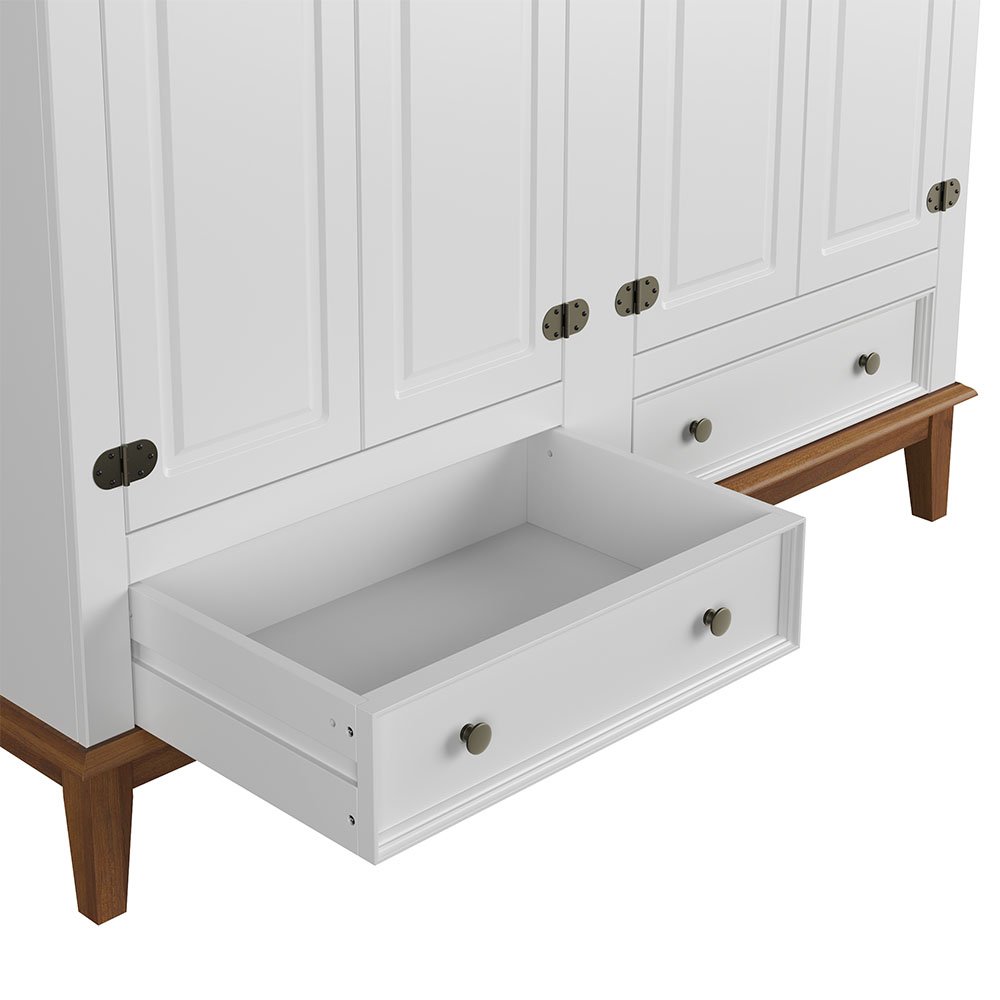 Guarda-Roupa Rústico 4 Portas e 2 Gavetas - Madeira Maciça e MDF - Branco