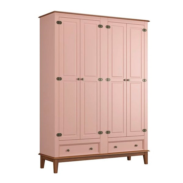 Guarda-Roupa Rústico 4 Portas e 2 Gavetas - Madeira Maciça e MDF - Rosa